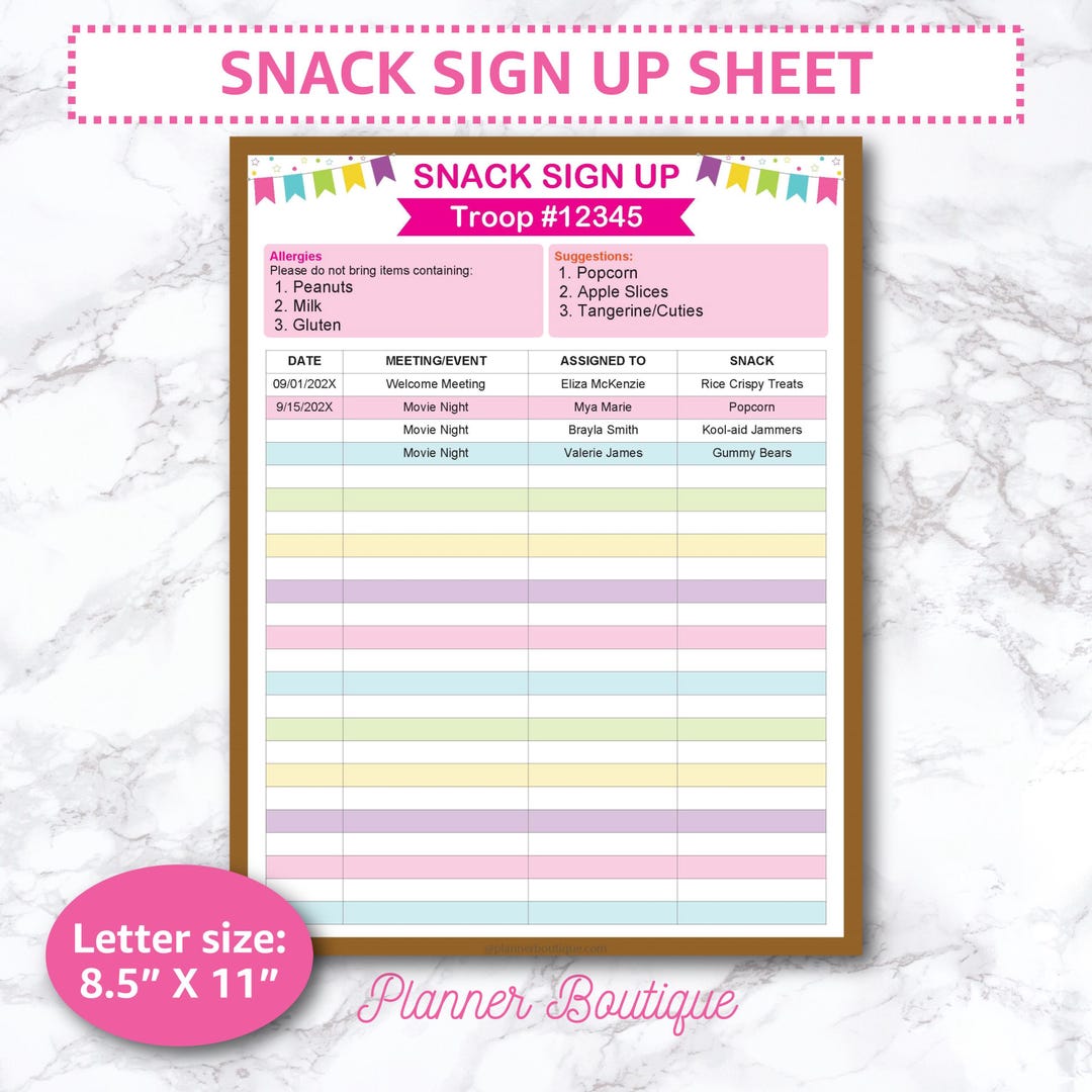 Snack Sign-up Sheet: Allergy & Suggestion Log (digital Download) - Etsy