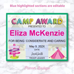 Editable Camp Award Certificate Printable for Girl Troop Summer Camping ...