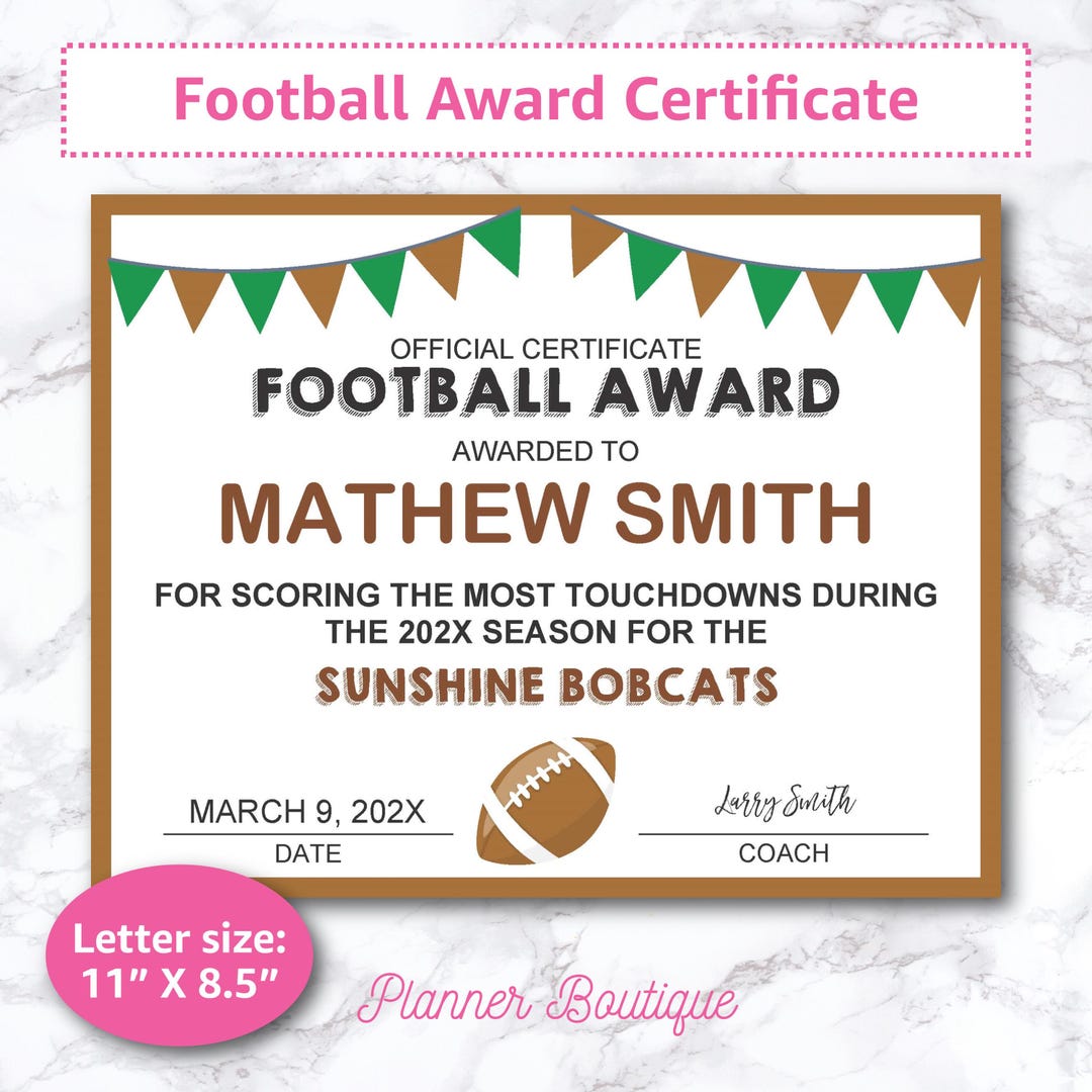 Editable Football Award Certificate Template Team Awards Kids Coach ...