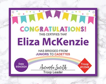 Juniors to Cadette Bridging Ceremony Certificate - Etsy
