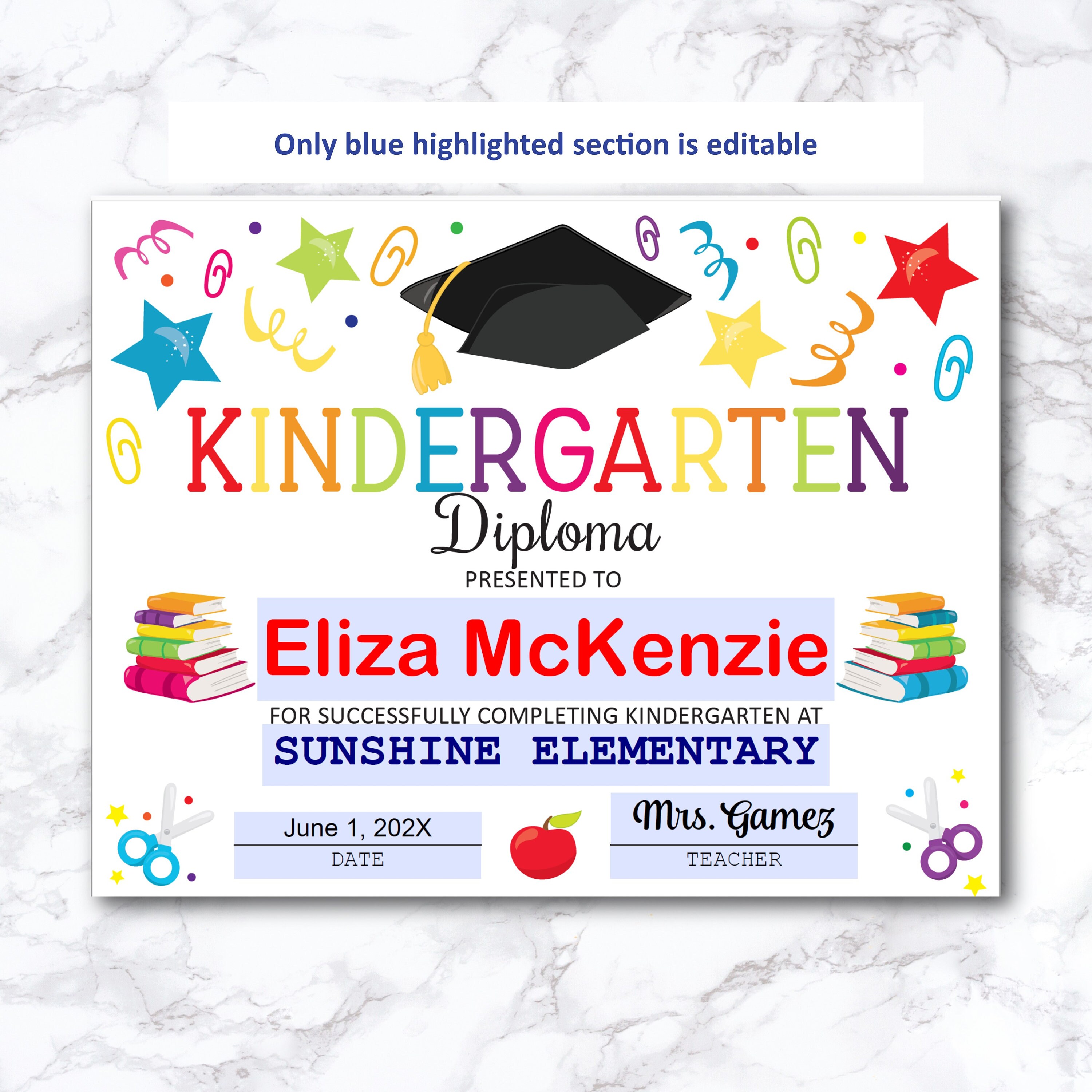 Printable Kindergarten Diploma: Fillable Graduation Certificate (PDF ...