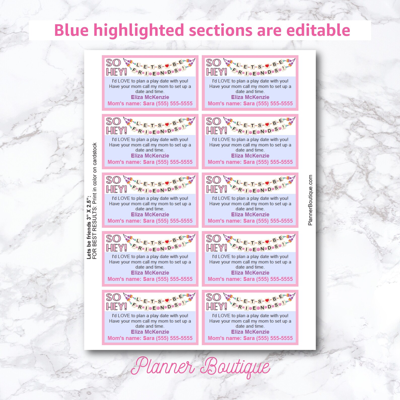 Kids Playdate Calling Card: Printable Summer Contact Cards (PDF ...