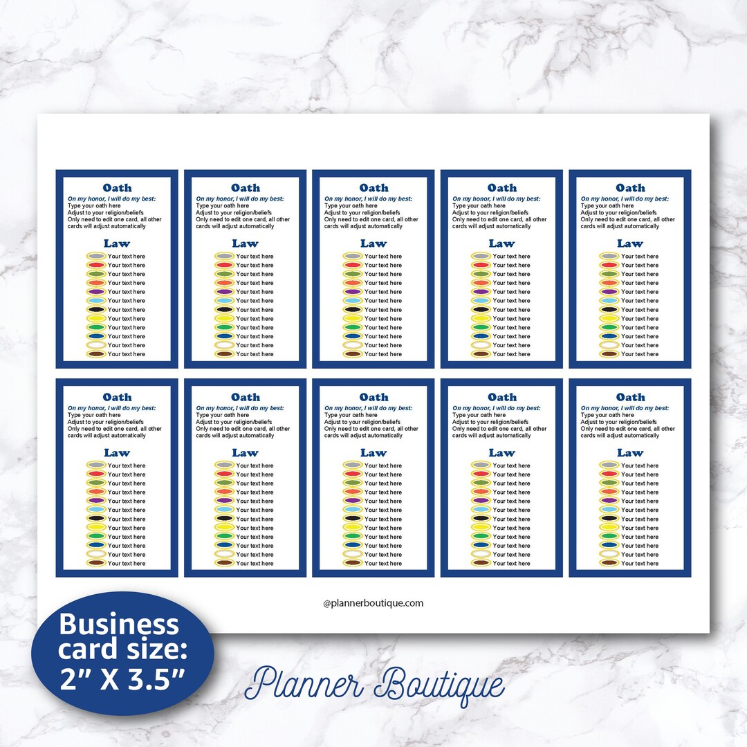 Editable Scout Oath and Law Cards Printable Business Card Size Keychain ...