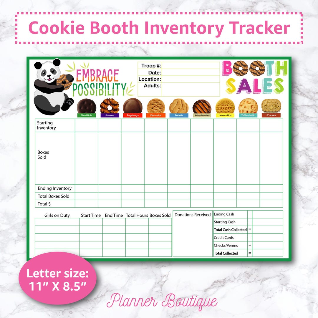 Cookie Booth Fundraiser Inventory Tracker Tally Cookies Count Sheet ABC ...