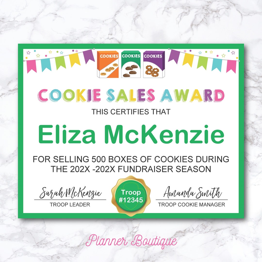 Editable Scout Cookie Sales Award Certificate, Printable Girl Top ...