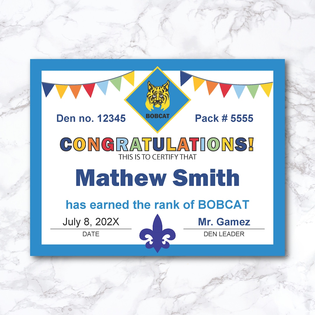 Cub Scout Rank Certificate Boy Scout Achievement Award Bobcat Den ...