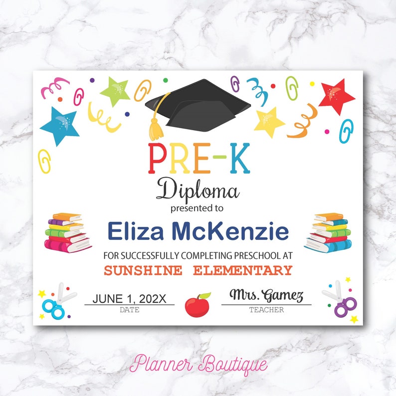 Pre-k Graduation Diploma: Printable School Certificate (PDF) - Etsy