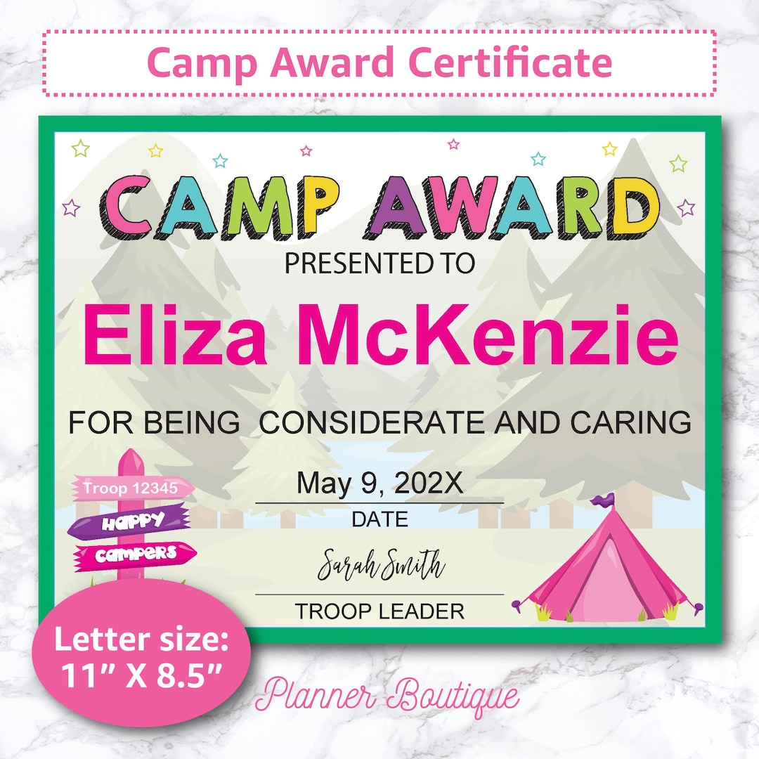Editable Camp Award Certificate Printable for Girl Troop Summer Camping ...