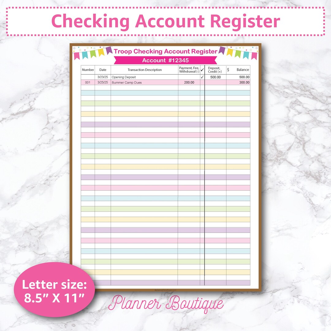 Checking Account Register Girl Troop Leader Logs Forms Scout Leader ...