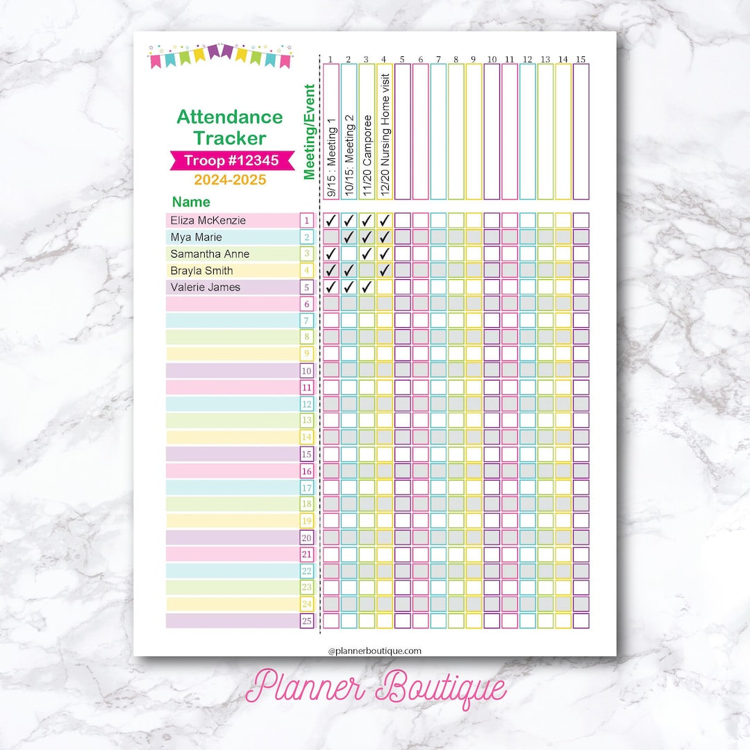 Meeting Attendance Tracker: Printable Troop Leader Sign-in Sheet (PDF ...