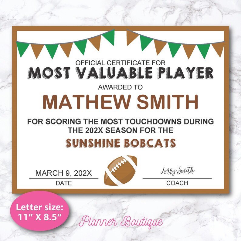 Football Award Certificate Template: Team MVP (digital Download) - Etsy