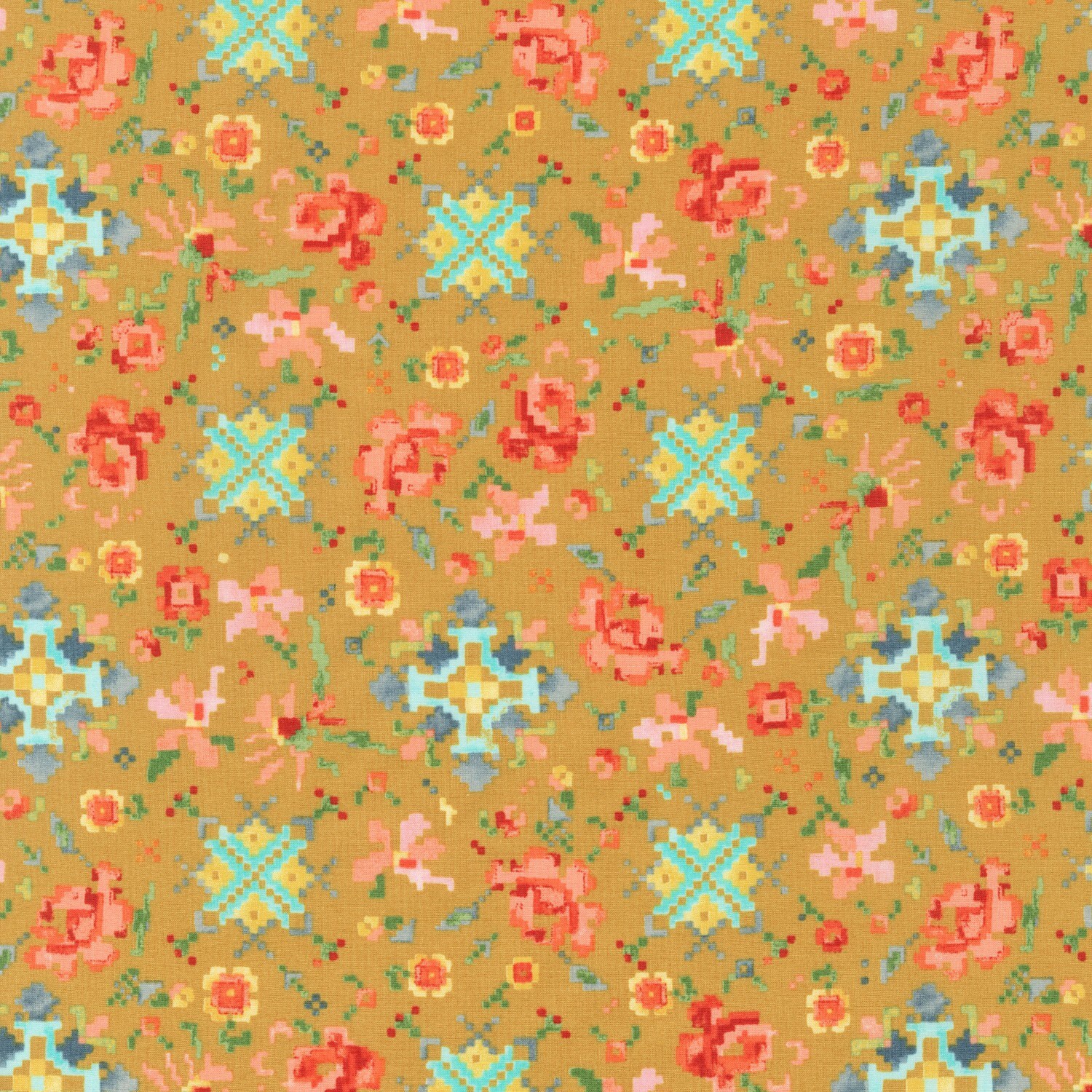 Cotton Lawn Woodland Clearing Lawn Pixel Flowers Ochre by | Etsy