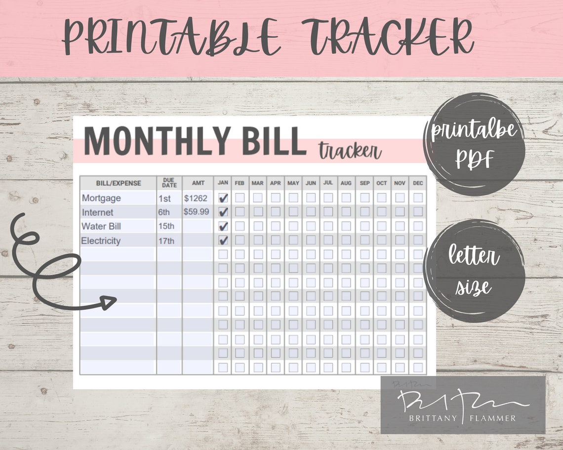 Monthly Bill Tracker, Fillable PDF Printable Bill Tracker - Etsy