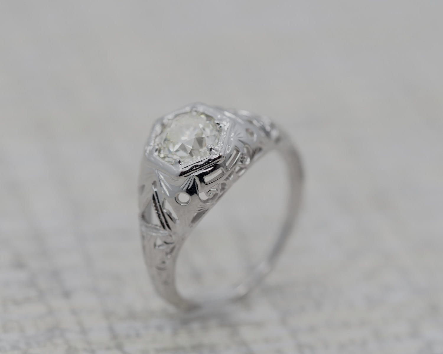 Antique 18K White Gold Deco .88ct Old European Cut Diamond Engagement ...