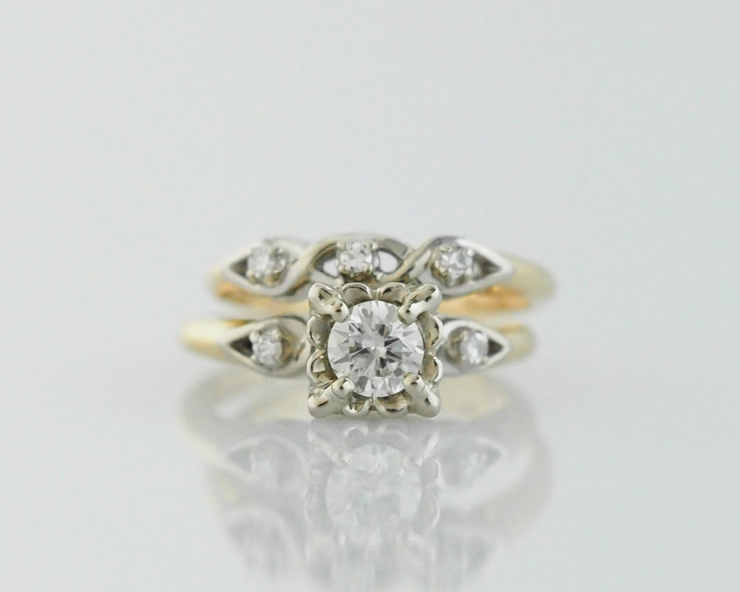 Circa 1950s Vintage Flare Diamond Ring and Wedding Band, Bridal Set Ft ...
