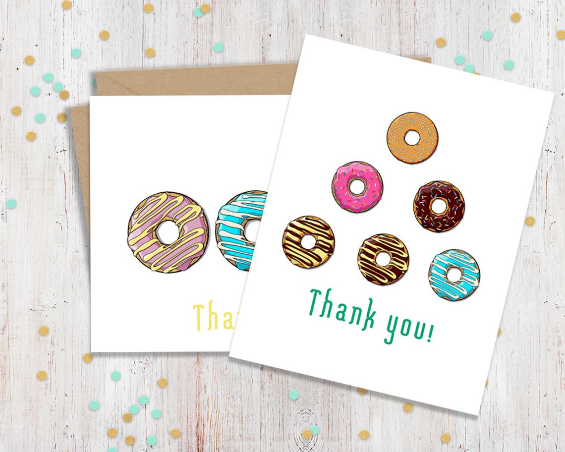Set of 5 Donut Thank You Cards, Doughnut Cards, Greeting Cards, Funny ...