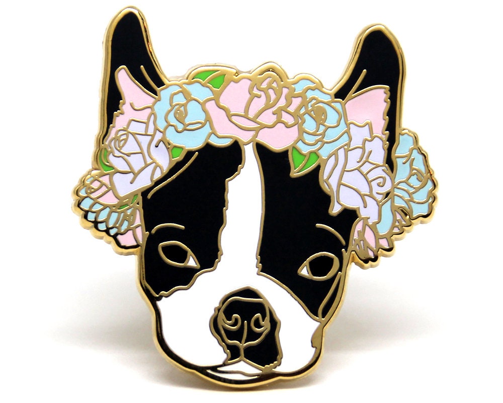 Boston Terrier Flower Crown Enamel Pin - Etsy