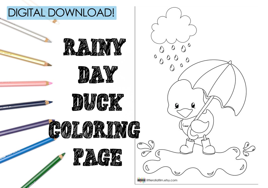 Printable Coloring Page, Digital Download, Duck Coloring, Rain Coloring ...