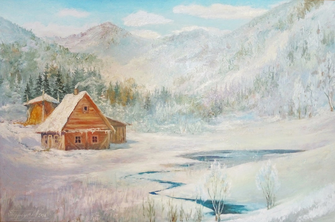 Winter Oil Painting Cabin in the Woods Original Landscape Snowy Winter Mountains Fine Art Rustic ...