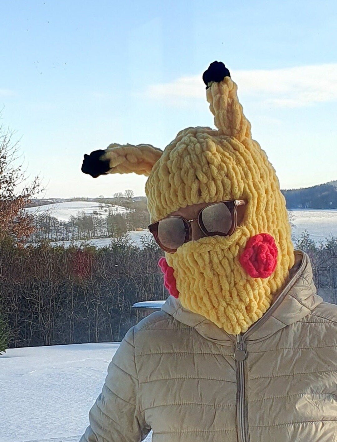 Yellow Balaclava Animal Hat, Viral Face Mask, Knitted Ski Mask, Crochet ...