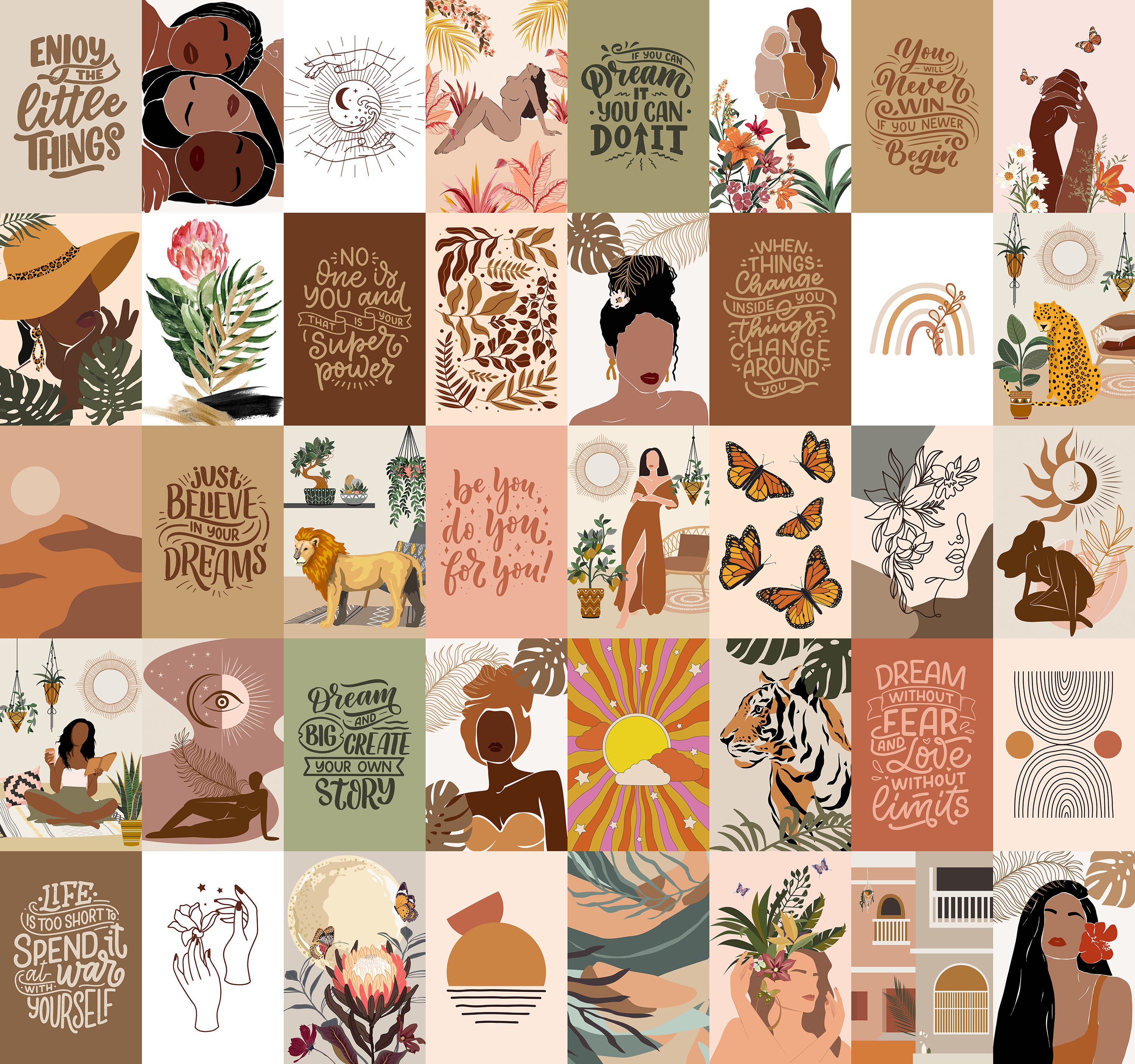 120 Pcs, Earth and Boho Wall Collage Kit, Green and Brown Collage Kit ...