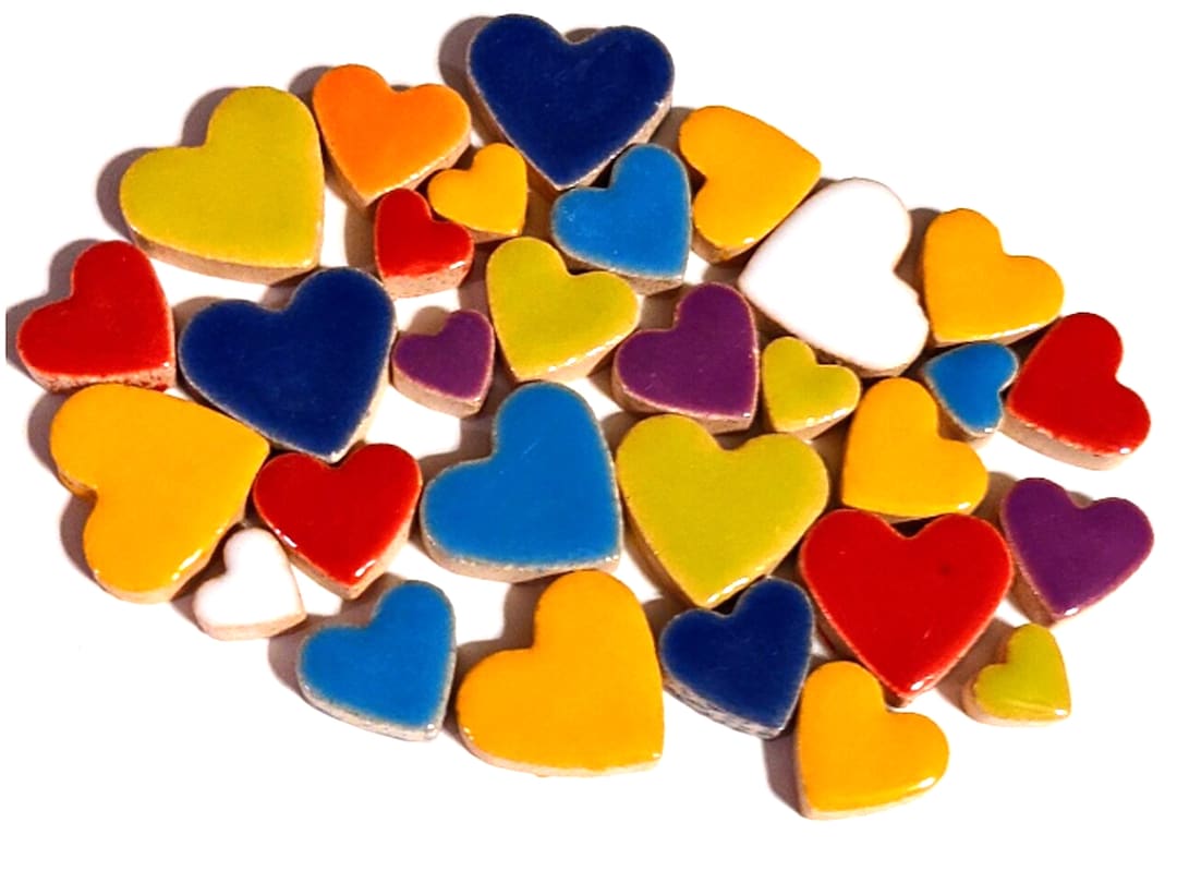 25 Heart Shape Tils, Heart Mosaic Tiles, Colorful Heart Tiles, Glazed ...
