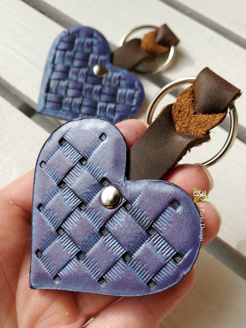 Hand Tooled Leather Heart Keychain, Hand Dyed Pearlescent Purse Charm ...