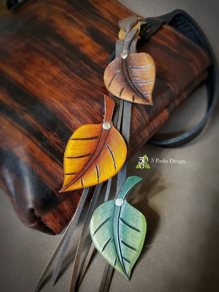 Leather Bag Charm, Tooled Leather, Leaf Dangle, Tooled Key Chain ...