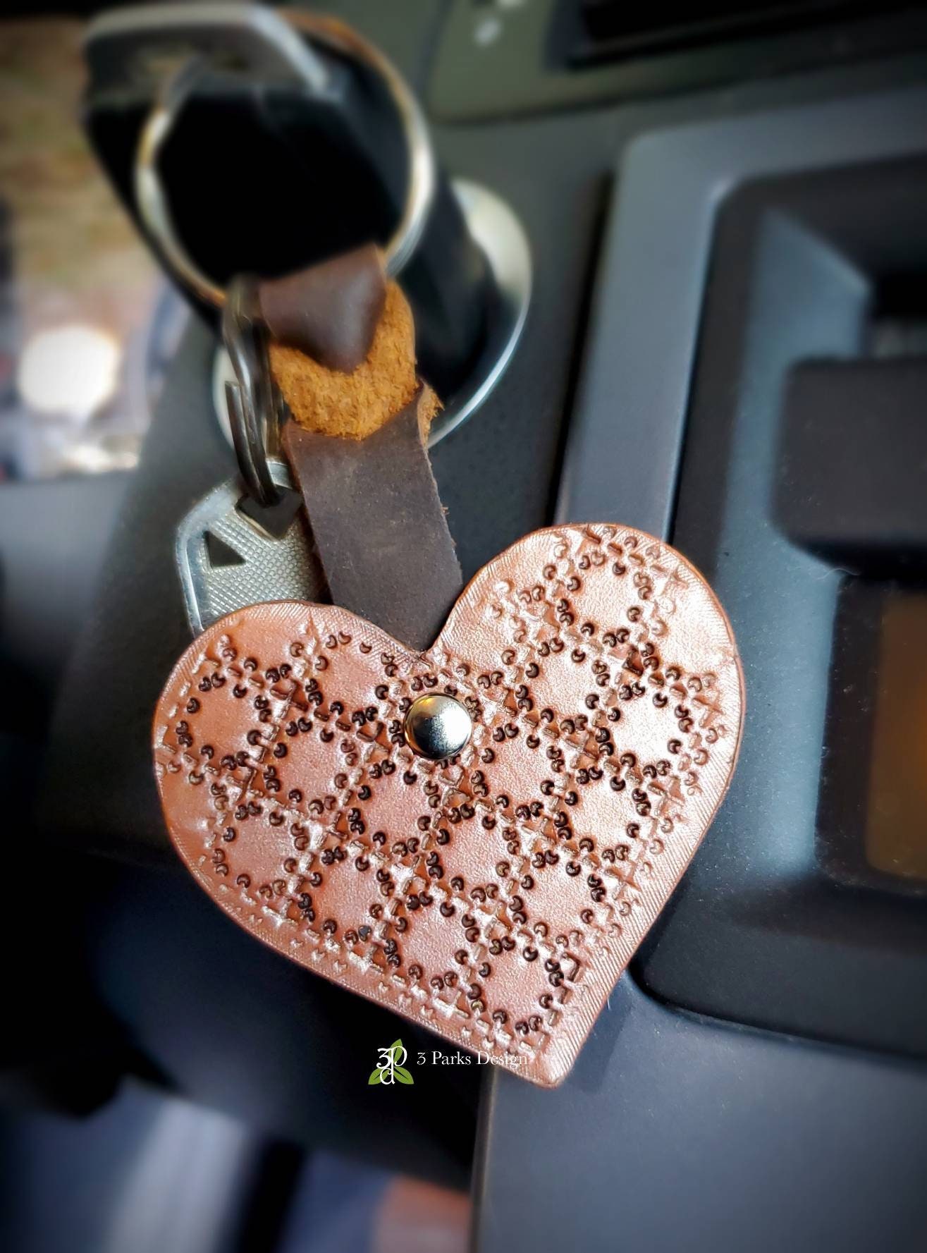Hand Tooled Leather Heart Keychain, Hand Dyed Pearlescent Purse Charm ...