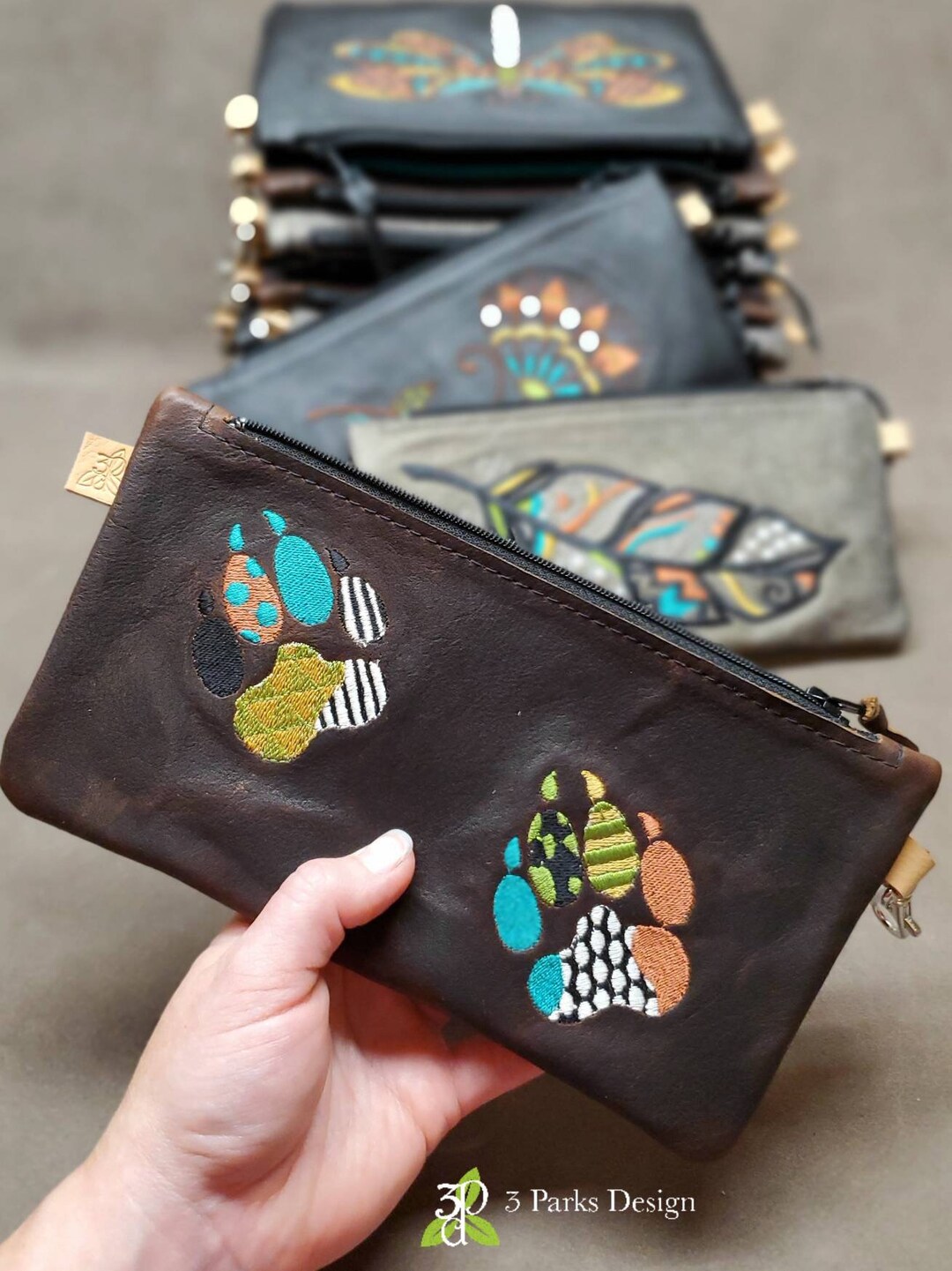 Soft Leather Pouch, Embroidered Leather, Small Leather Pouch, Zippered ...