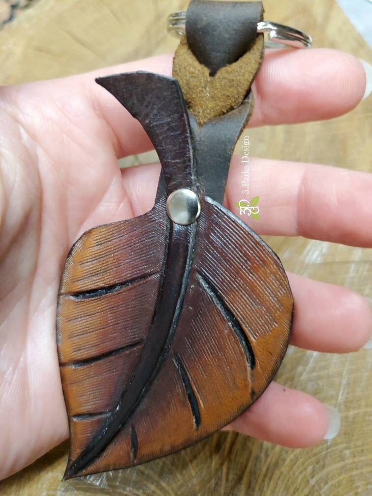 Leather Key Fob Leaf Keychain Tooled Leather Leaf Dangle | Etsy