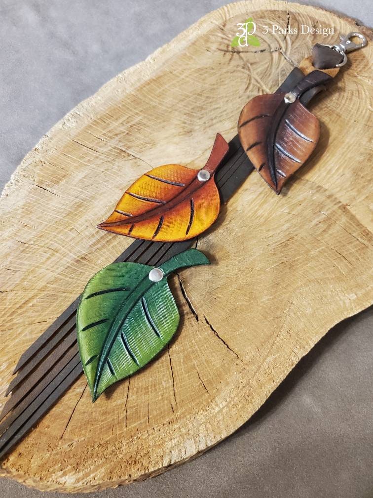 Leather Bag Charm, Tooled Leather, Leaf Dangle, Tooled Key Chain ...