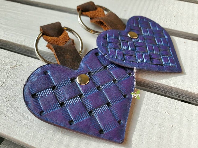 Hand Tooled Leather Heart Keychain, Hand Dyed Pearlescent Purse Charm ...