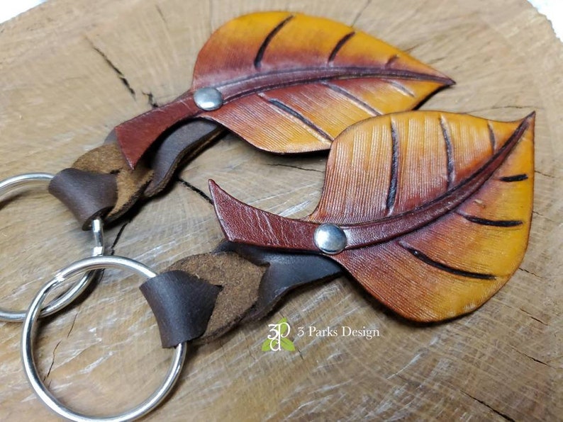 Leather Key Fob Leaf Keychain Tooled Leather Leaf Dangle | Etsy