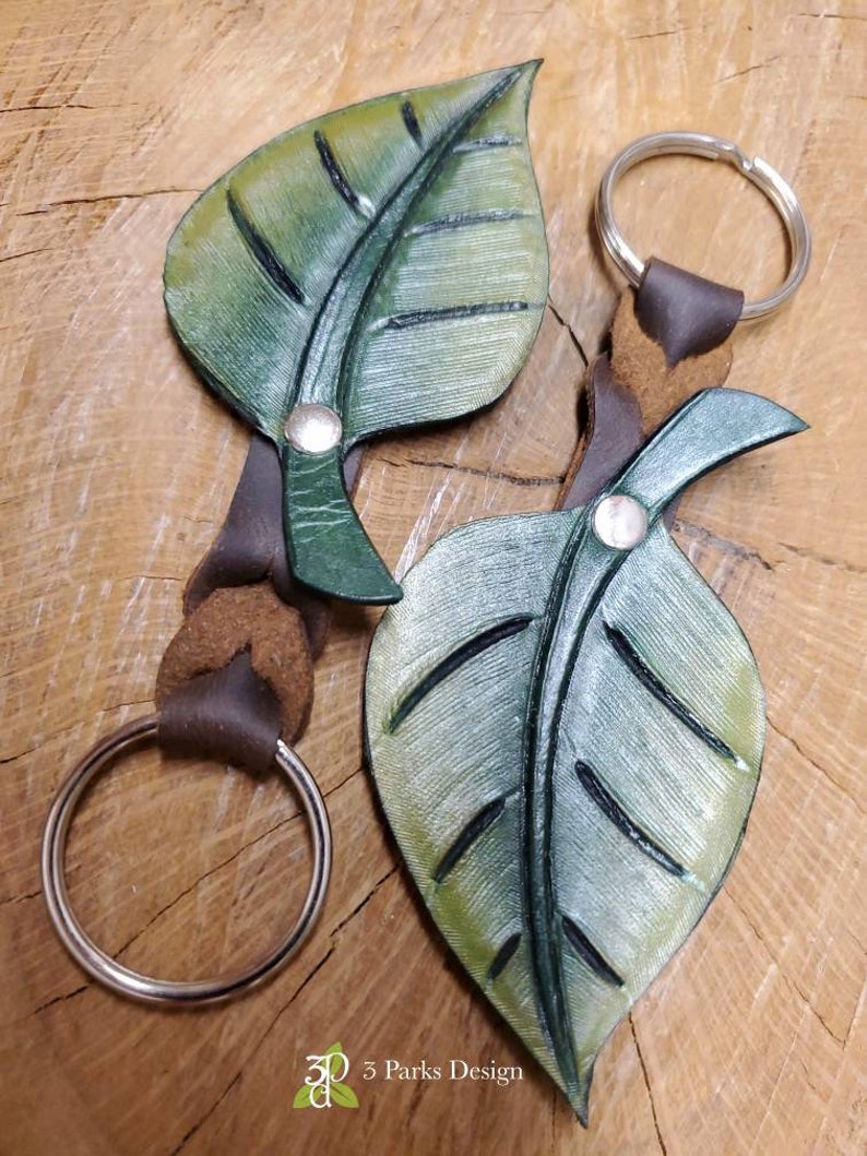 Leather Key Fob Leaf Keychain Tooled Leather Leaf Dangle | Etsy
