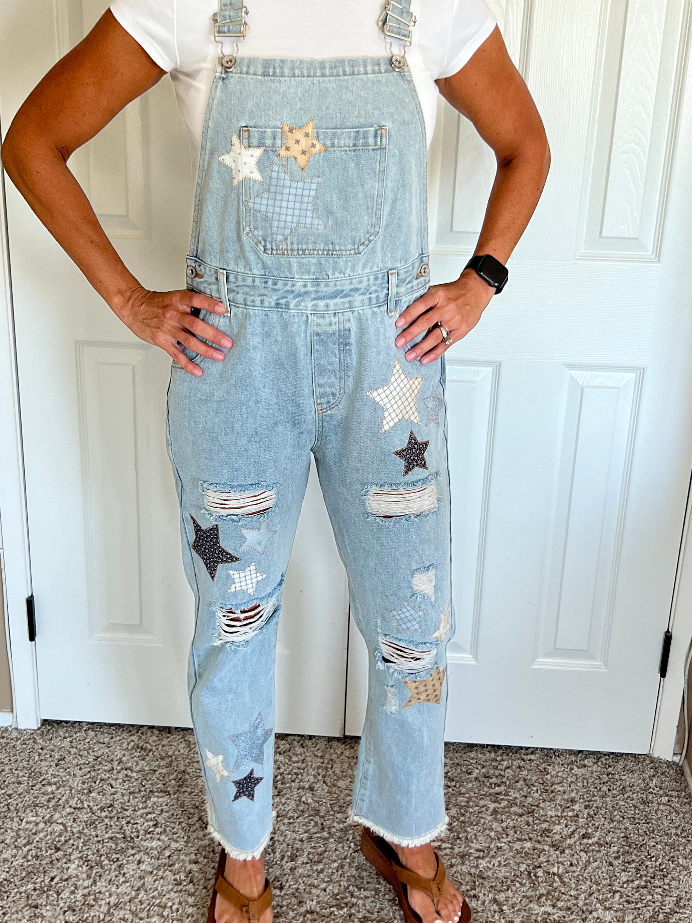 Star Appliqué Patched Overalls Women's Size Medium Boho Chic Handmade ...