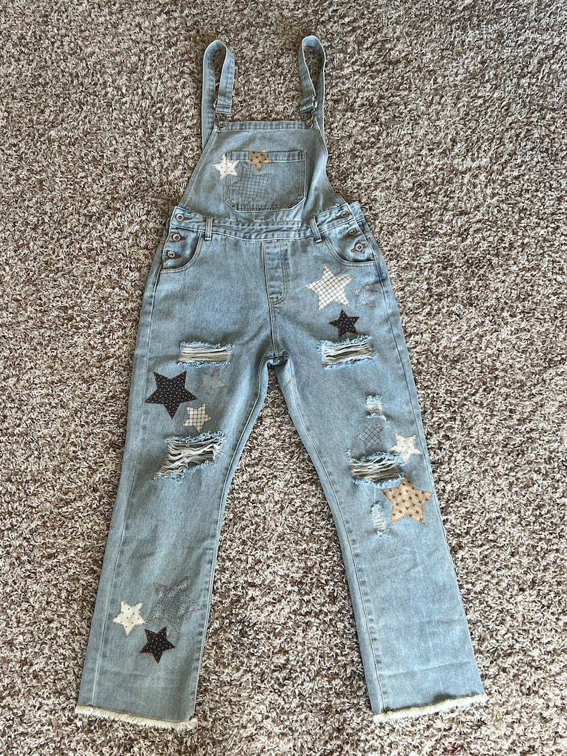 Star Appliqué Patched Overalls Women's Size Medium Boho Chic Handmade ...