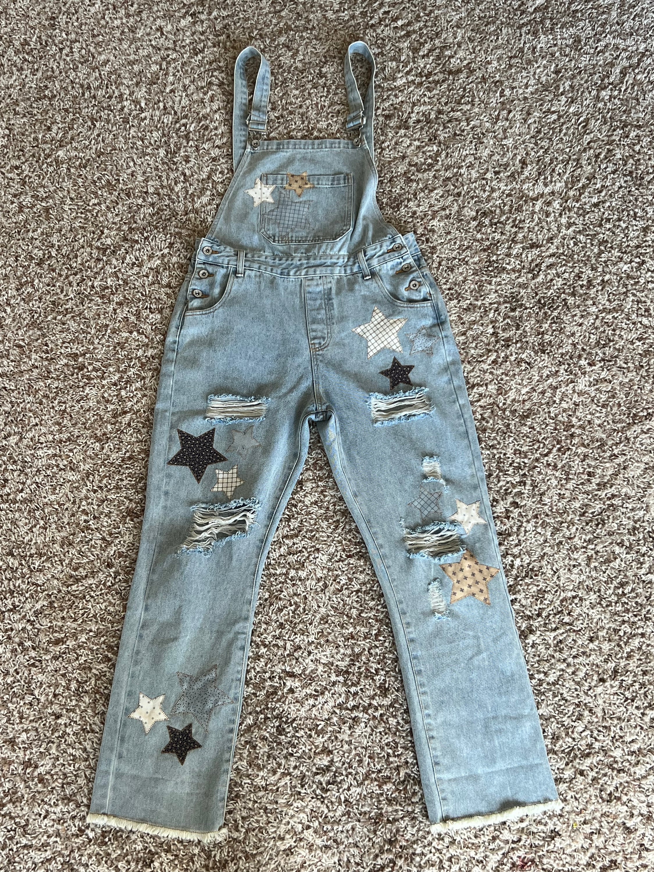 Star Appliqué Patched Overalls Women's Size Medium Boho Chic Handmade ...