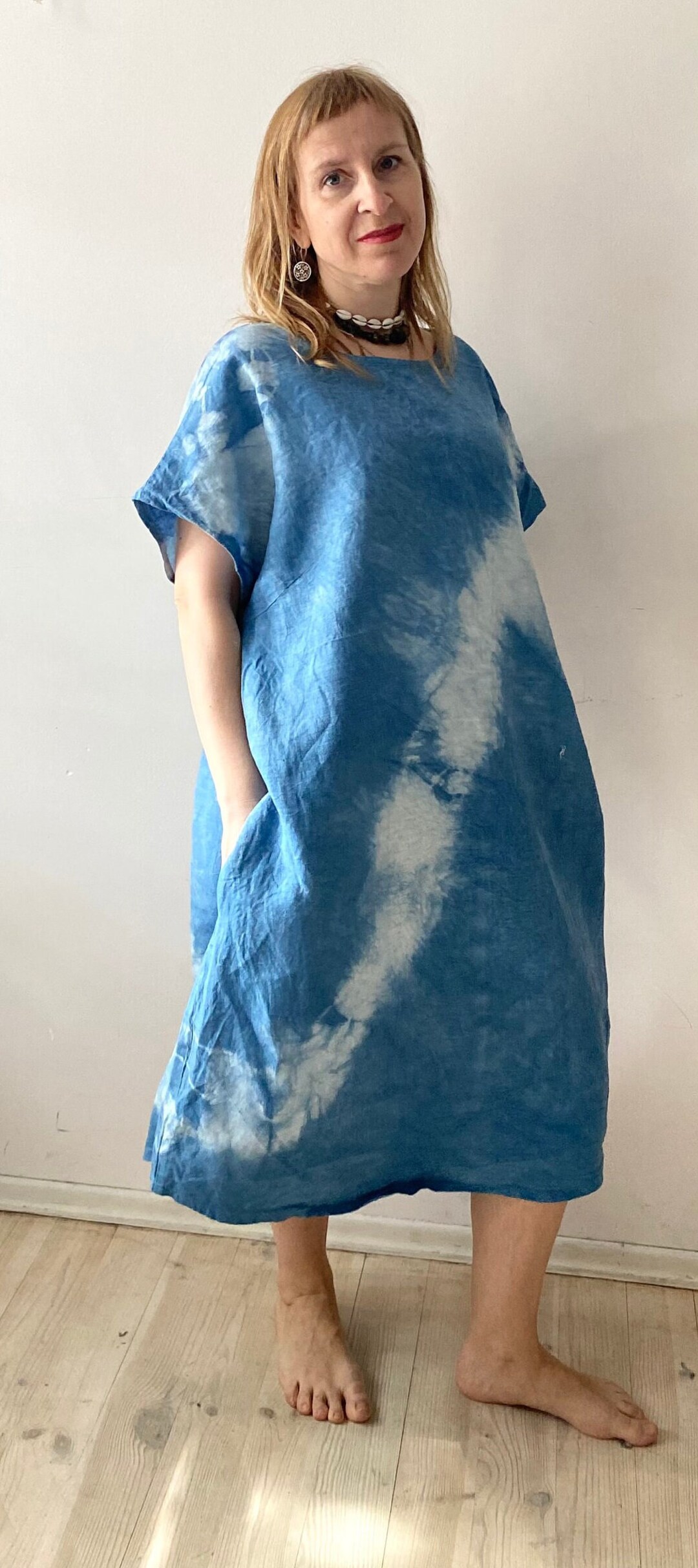 Naturally Indigo Dyed Blue Linen Tunic Dress XL Size , Hand Dyed Tie ...