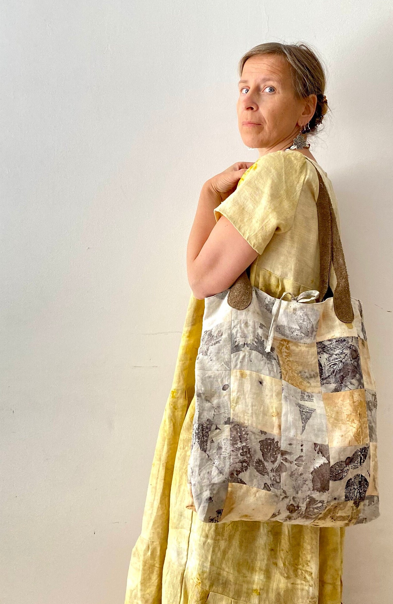 Naturally Dyed Linen Bag Day Tote With Leather Suede Handles, One of ...