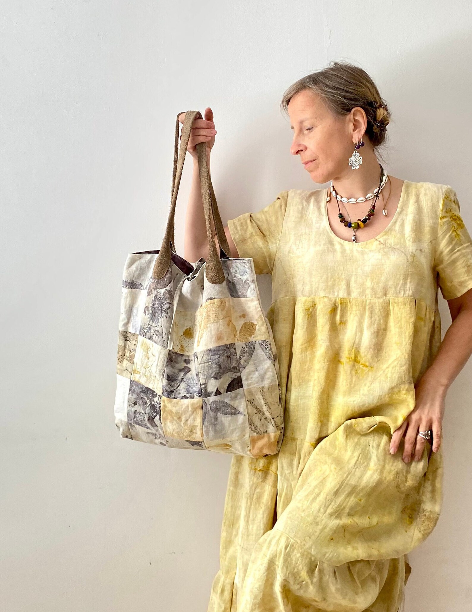 Naturally Dyed Linen Bag Day Tote With Leather Suede Handles, One of ...