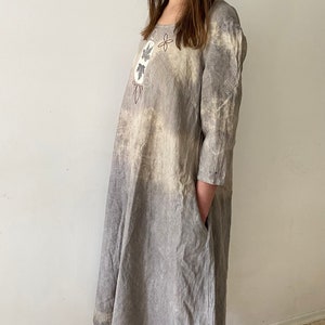 Boho XL Linen Dress Natural Plant Dyed, Embroidered With Pockets, 3/4 ...