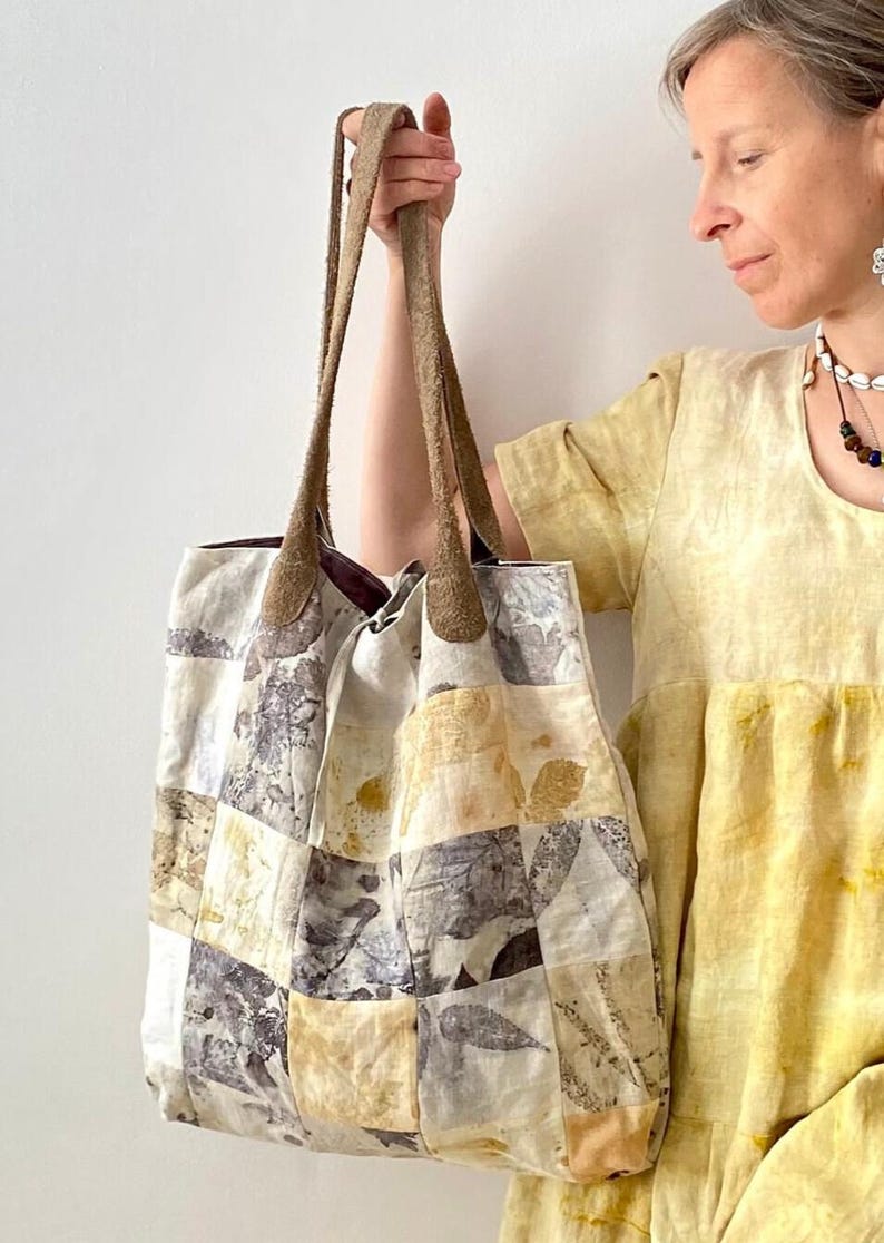 Naturally Dyed Linen Bag Day Tote With Leather Suede Handles, One of ...