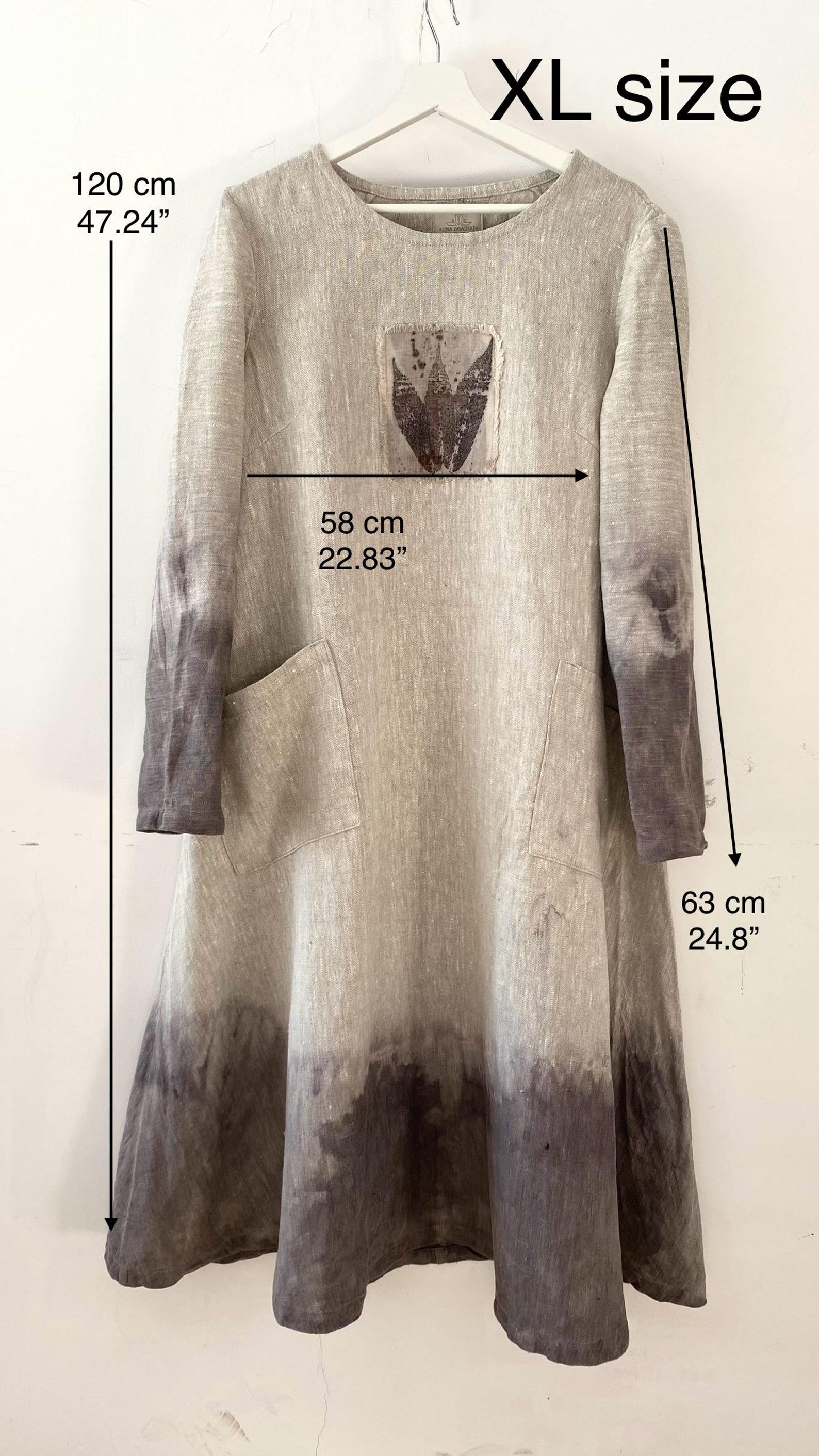 Natural Grey Linen Dress, Flax Tunic Eco Dyed Light Gray Smock XL Size ...