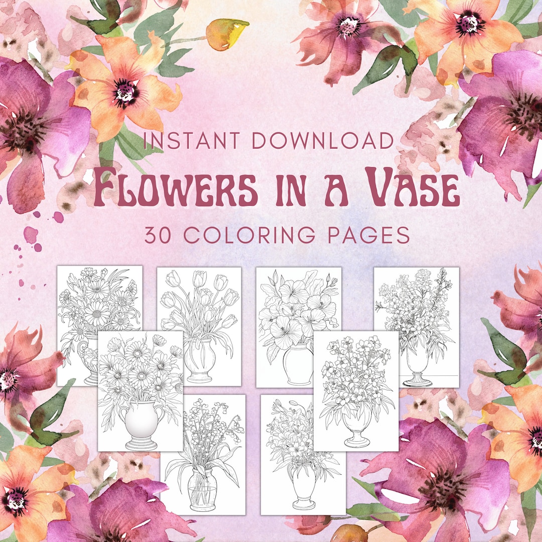 Flower Vase Coloring Pages - 21 Digital Floral Designs - Instant ...
