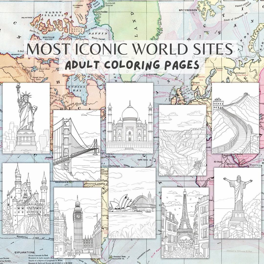 10 Iconic World Sites, Coloring Pages for Adults & Kids Stress ...