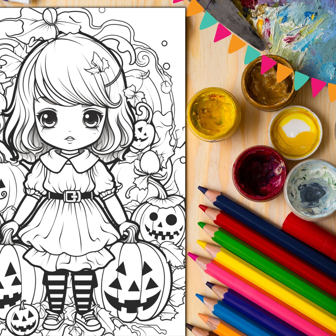10 Kawaii Halloween Coloring Pages Adorable and Spooky Designs Digital ...