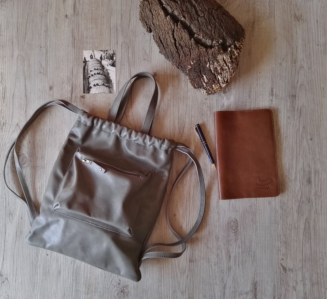 Gray Backpack, Soft Leather Bag, Womans Casual Bag, Gray Summer ...