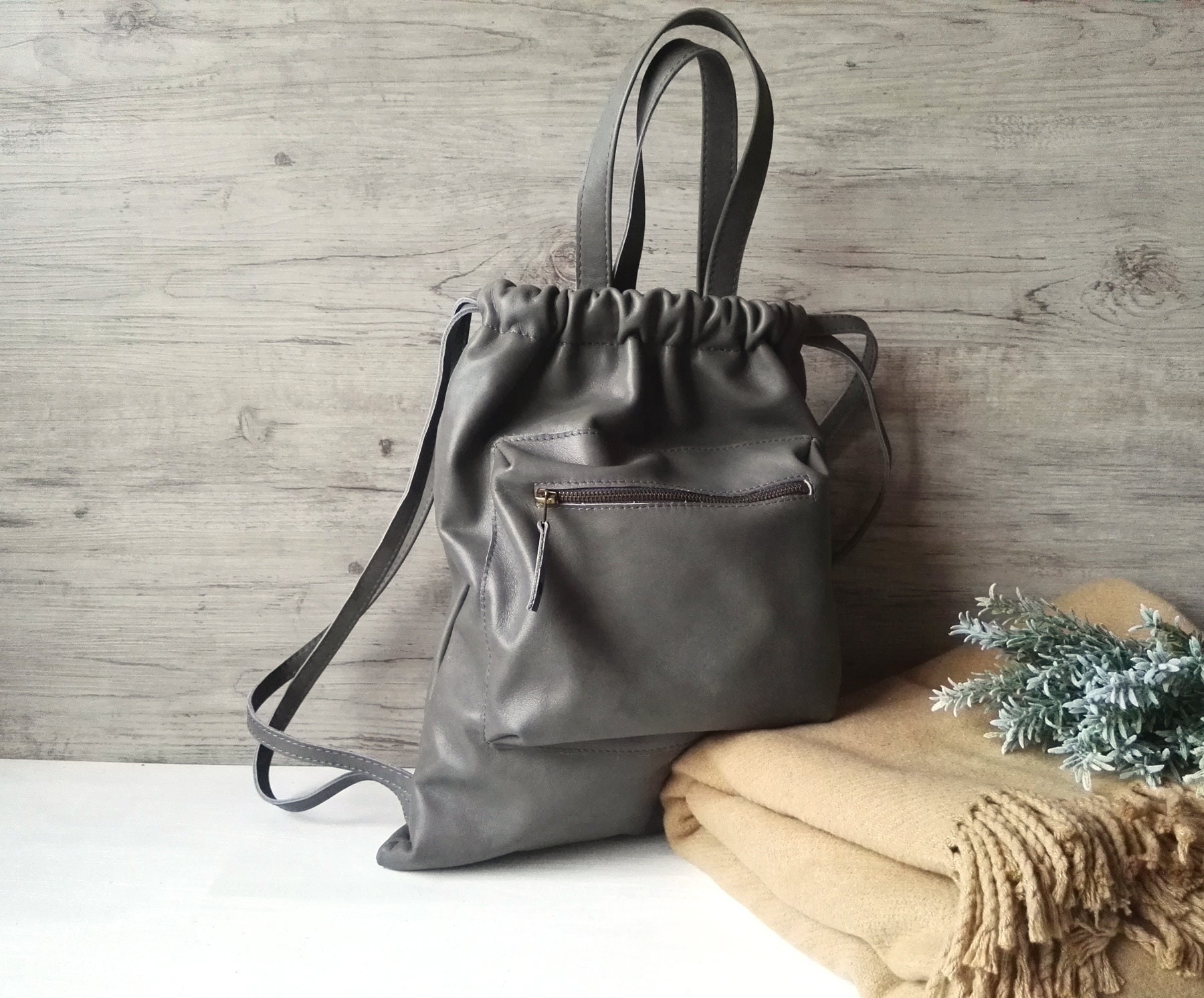 Gray Backpack, Soft Leather Bag, Womans Casual Bag, Gray Summer ...