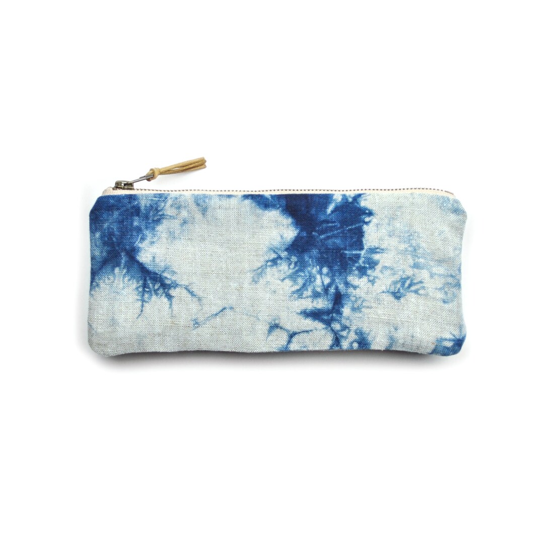 Indigo Linen Pencil Pouch in Cloud Pattern With Metal Zipper and Gold ...
